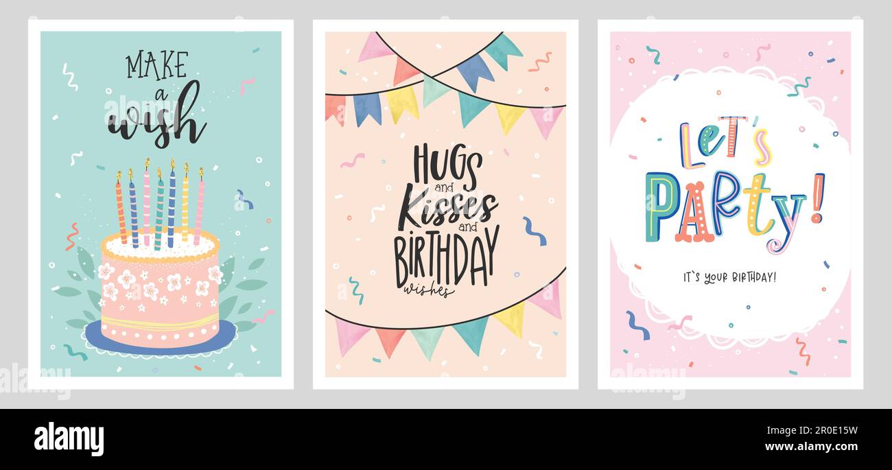 Set of birthday postcards with confetti, garlands, cake and candles ...