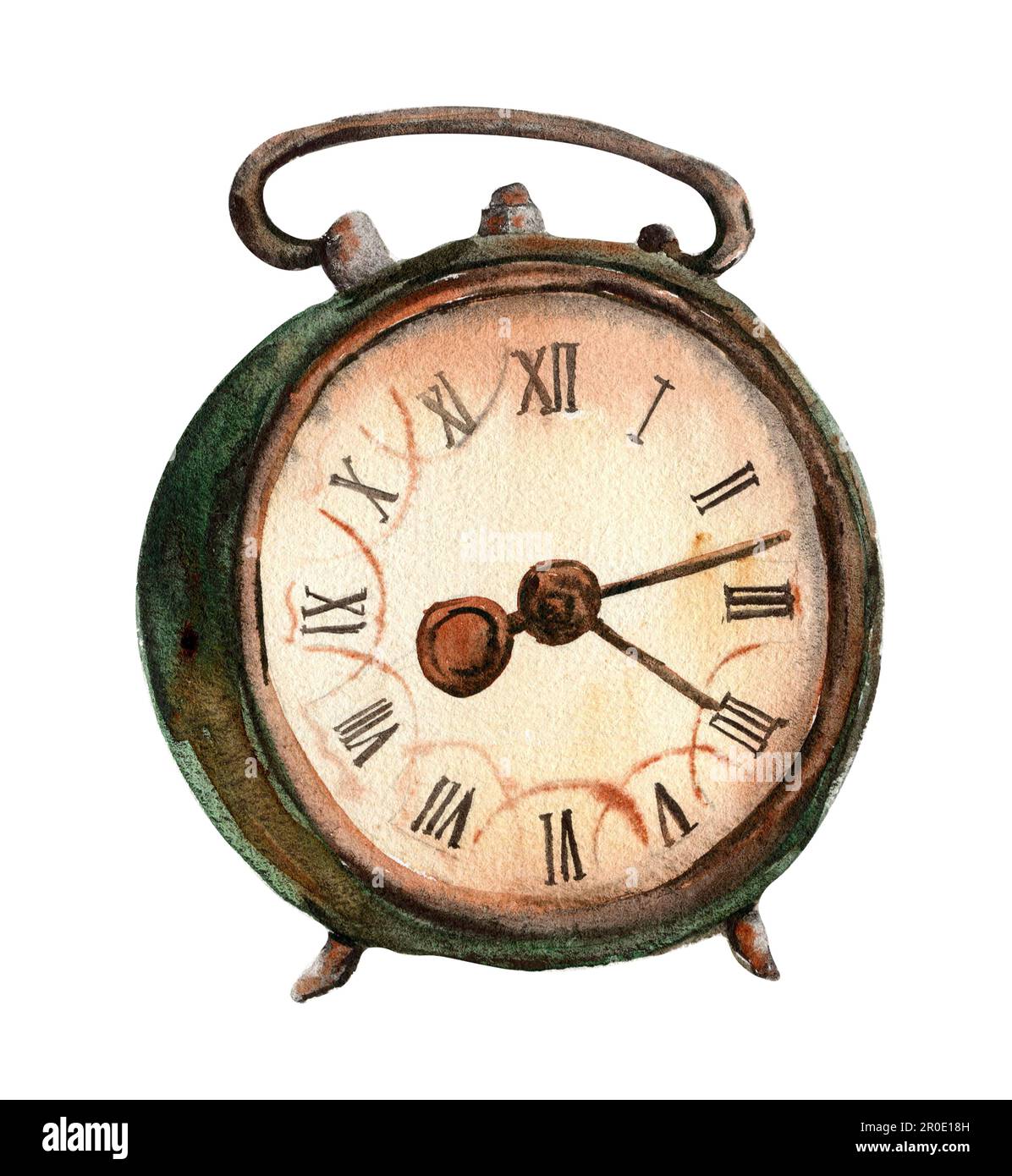 Watercolor illustration of old rusty green clock. An old rusty enamel ...