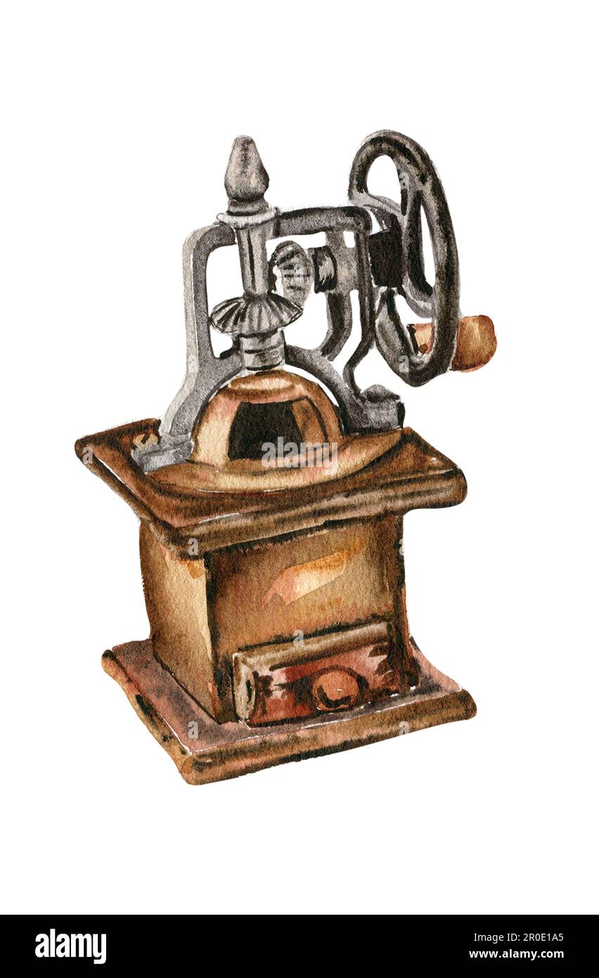 Watercolor illustration of old rusty coffee grinder. An old rusty ...