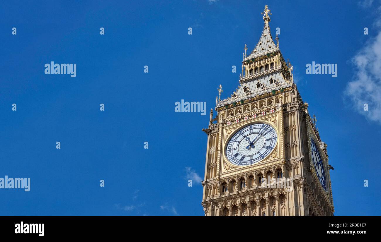 London, UK - April 20220: The clock face of the Big Ben tower ...