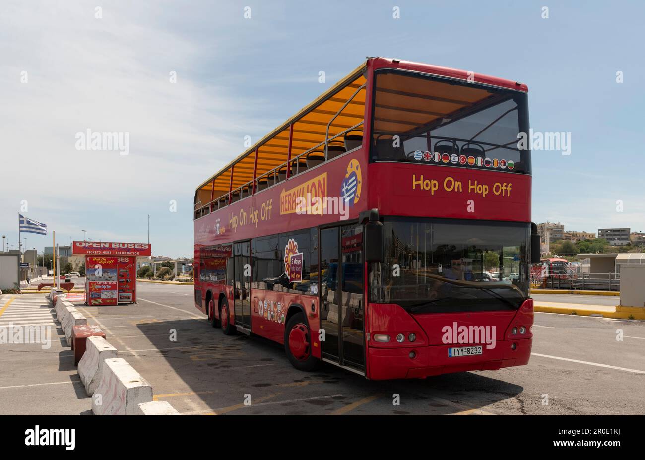 Heraklion Port, Crete, Greece, EU. 2023. Red city tour bus with open ...