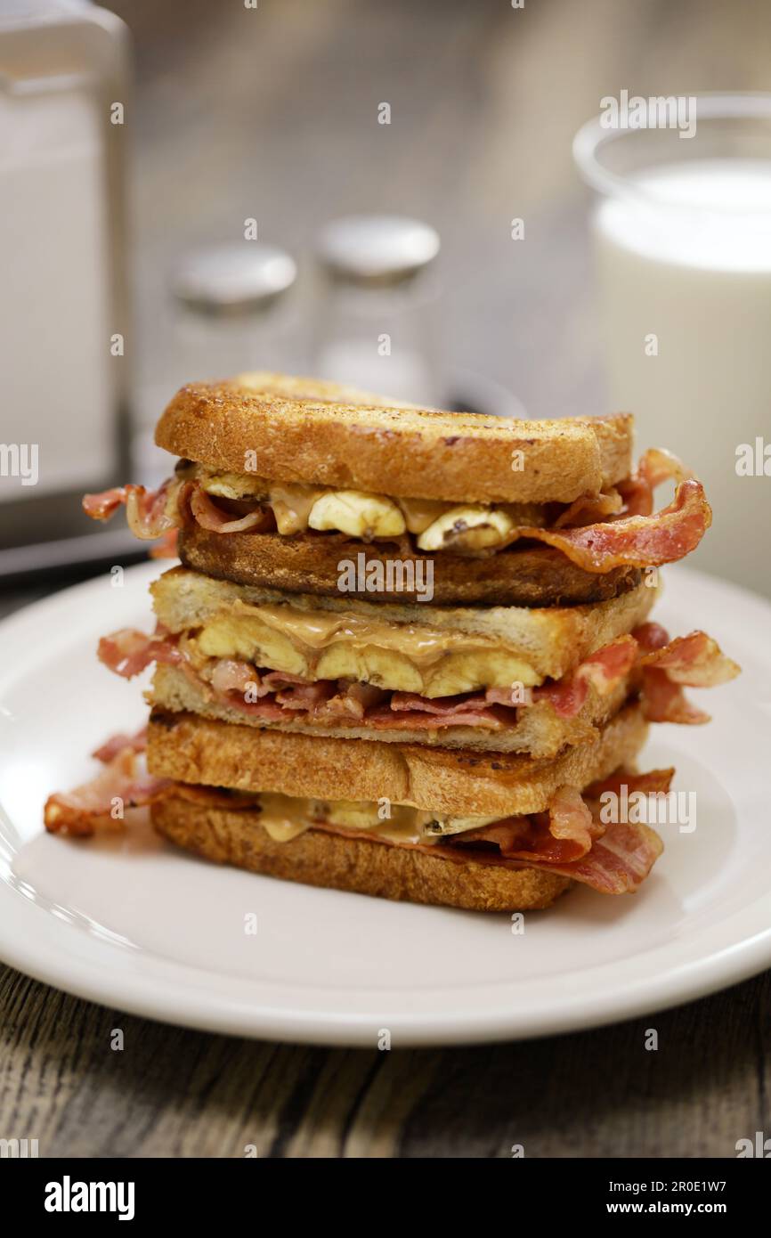 Toast with peanut butter, banana, and bacon. The Elvis sandwich Stock ...