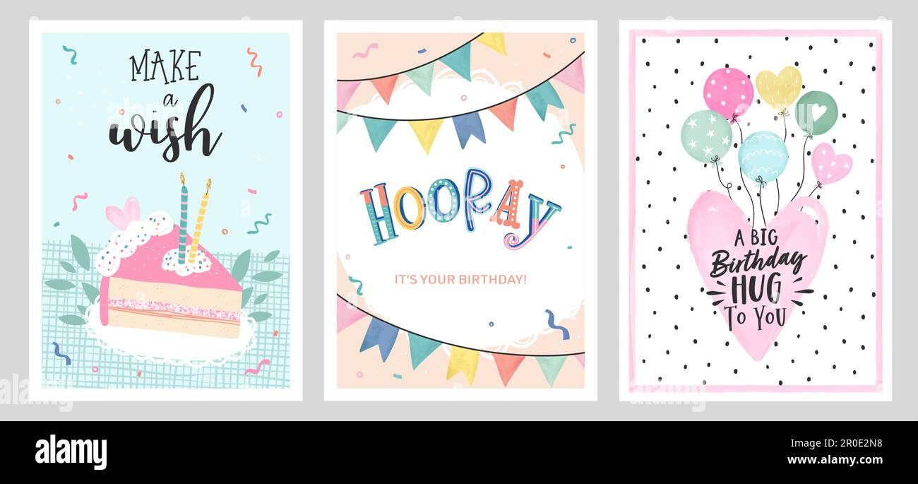 Set of birthday postcards with confetti, garlands, cake and candles ...
