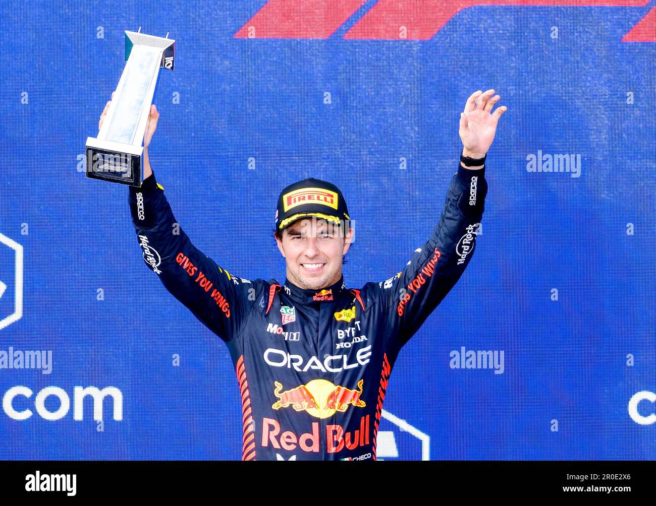 Second placed Sergio Perez of Mexico and Oracle Red Bull Racing holds ...