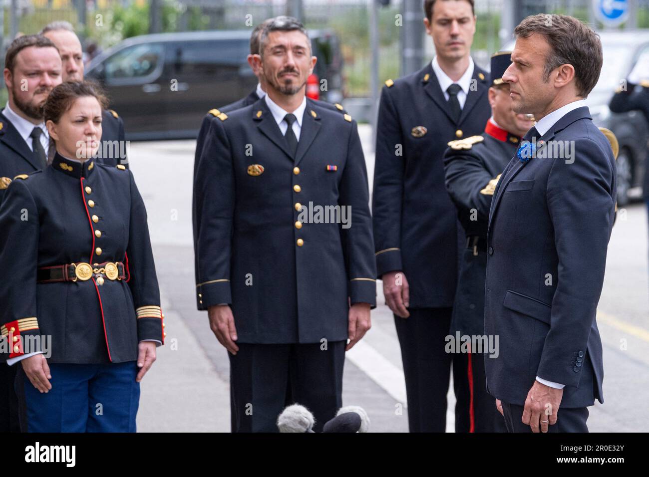 Lyon, France. 08th May, 2023. French president Emmanuel Macron pays ...