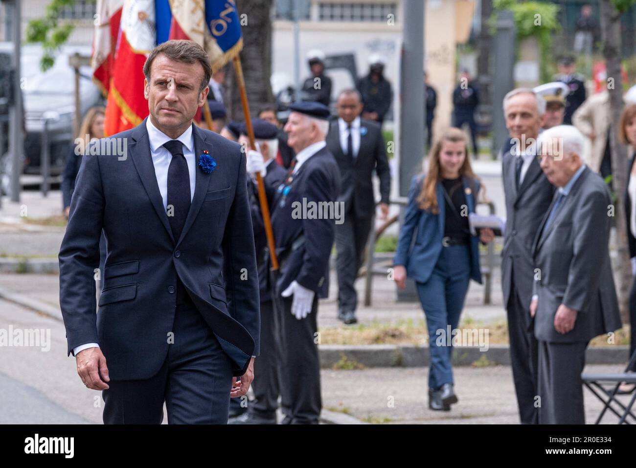 Lyon, France. 08th May, 2023. French president Emmanuel Macron pays ...