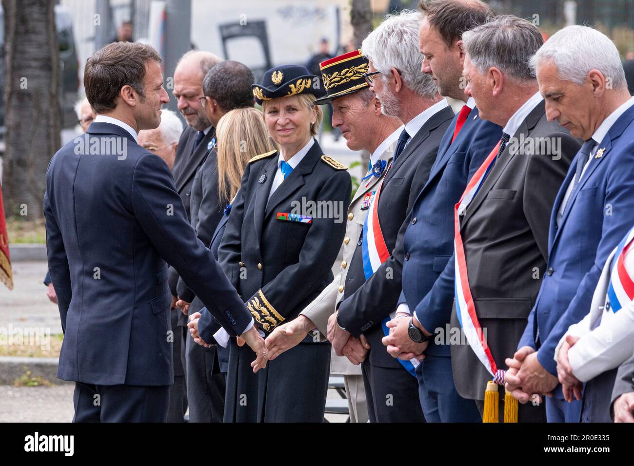Lyon, France. 08th May, 2023. French president Emmanuel Macron pays ...