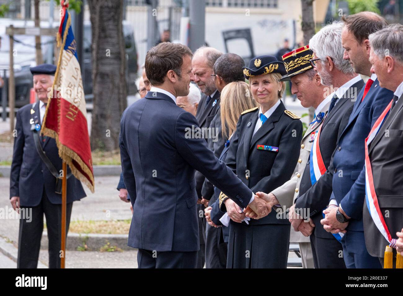 Lyon, France. 08th May, 2023. French president Emmanuel Macron pays ...