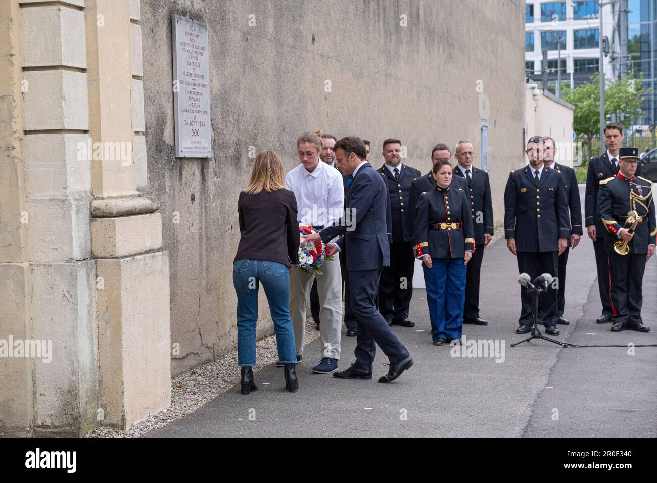 Lyon, France. 08th May, 2023. French president Emmanuel Macron pays ...