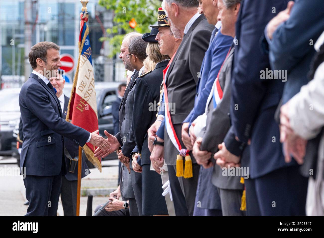Lyon, France. 08th May, 2023. French president Emmanuel Macron pays ...