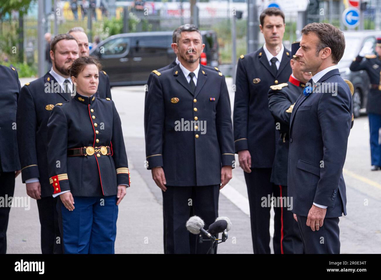 Lyon, France. 08th May, 2023. French president Emmanuel Macron pays ...