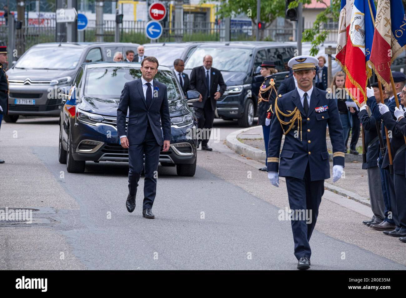Lyon, France. 08th May, 2023. French president Emmanuel Macron pays ...