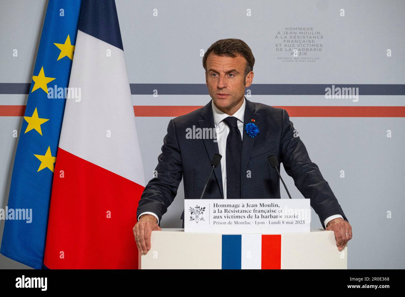Lyon, France. 08th May, 2023. French president Emmanuel Macron pays ...