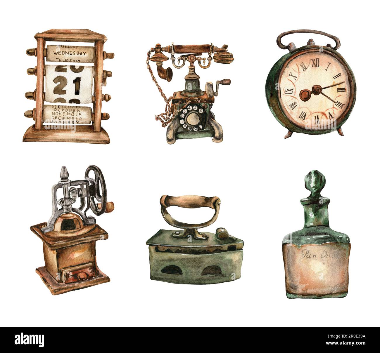 Watercolor illustration set of old rusty elements. An old rusty enamel ...