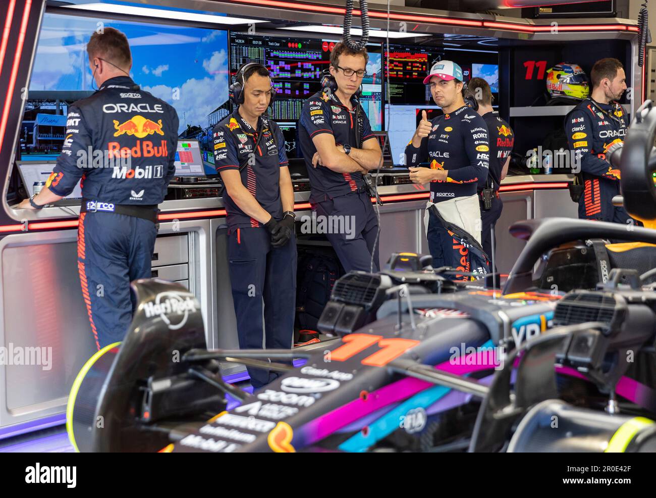 Mexican Formula One driver Sergio Perez of Red Bull Racing looks toward ...