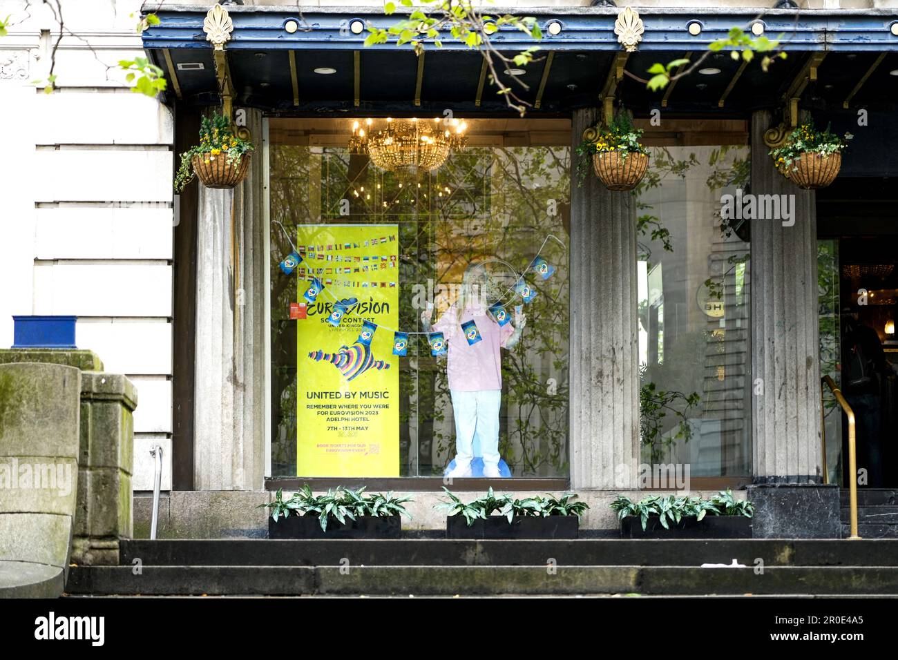 A hotel window in Liverpool is decorated for the Eurovision song ...
