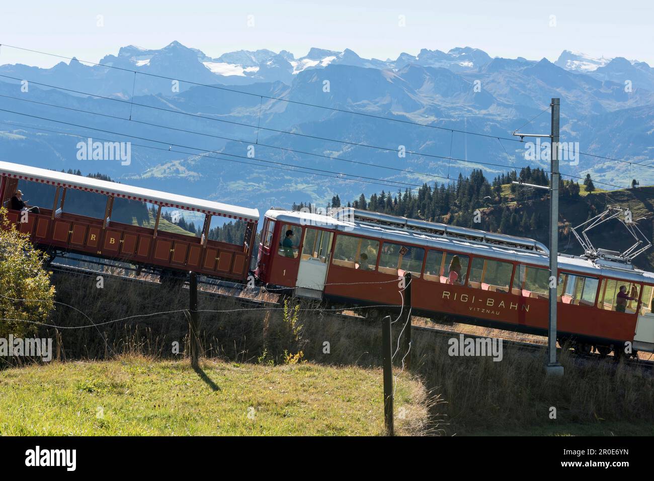 A mountain panorama including Mount Rigi and the Rigi funicular ...
