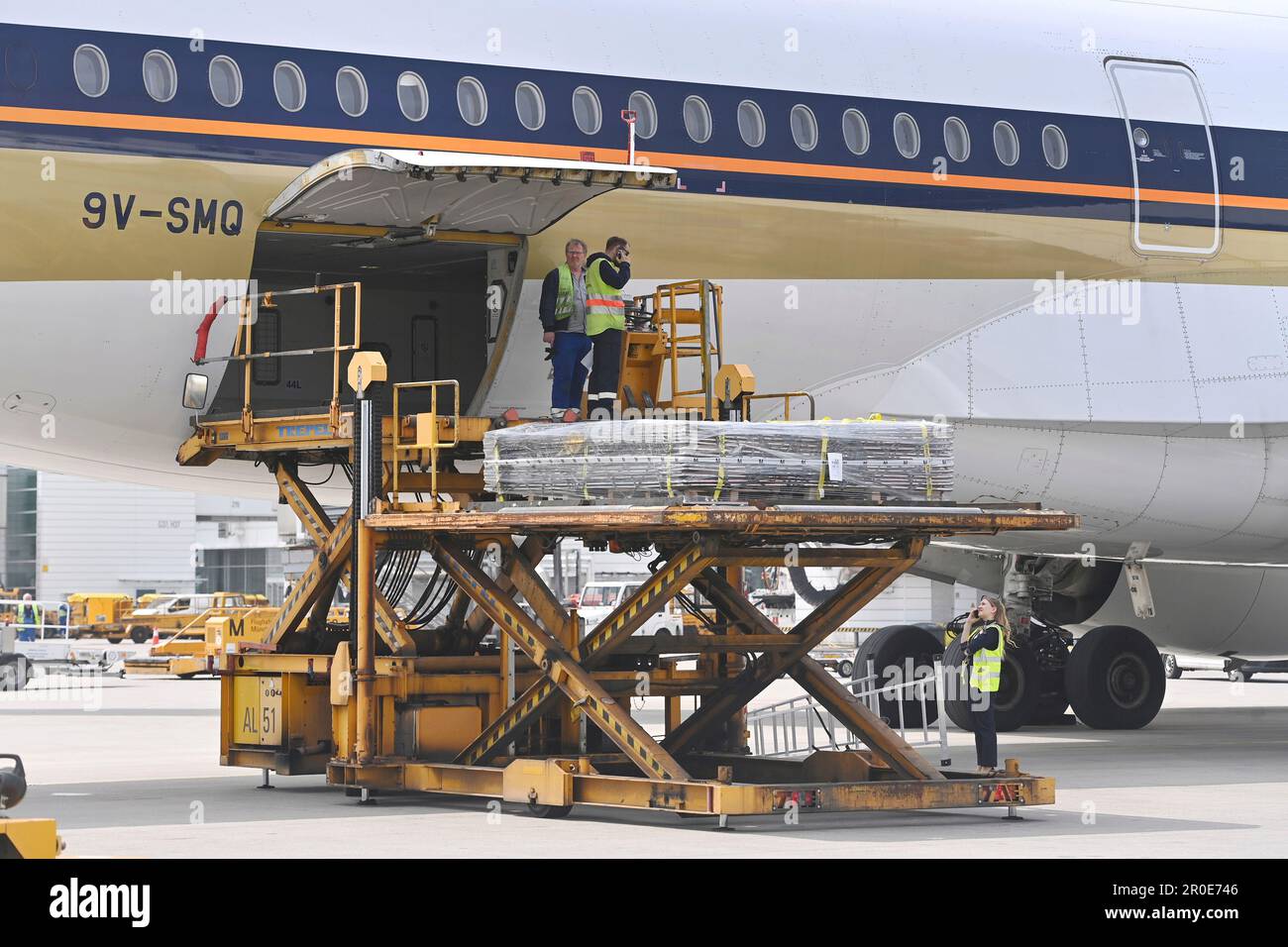 Impressions from Franz Josef Strauss Airport in Munich on May 8th, 2023. Handling, loading of a ...