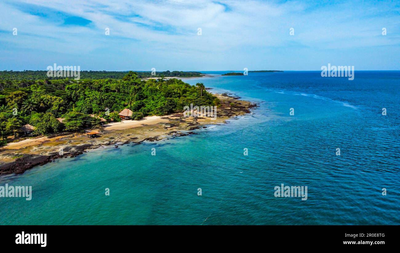 Aerial of a sandy beach in Rubane, Bijagos archipelago, Guinea Bissau ...