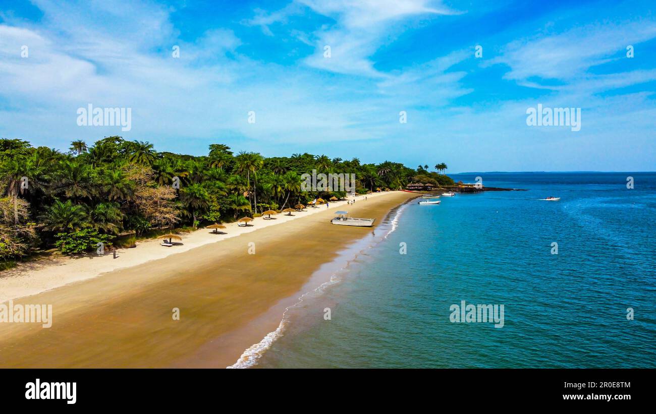 Aerial of a sandy beach in Rubane, Bijagos archipelago, Guinea Bissau ...