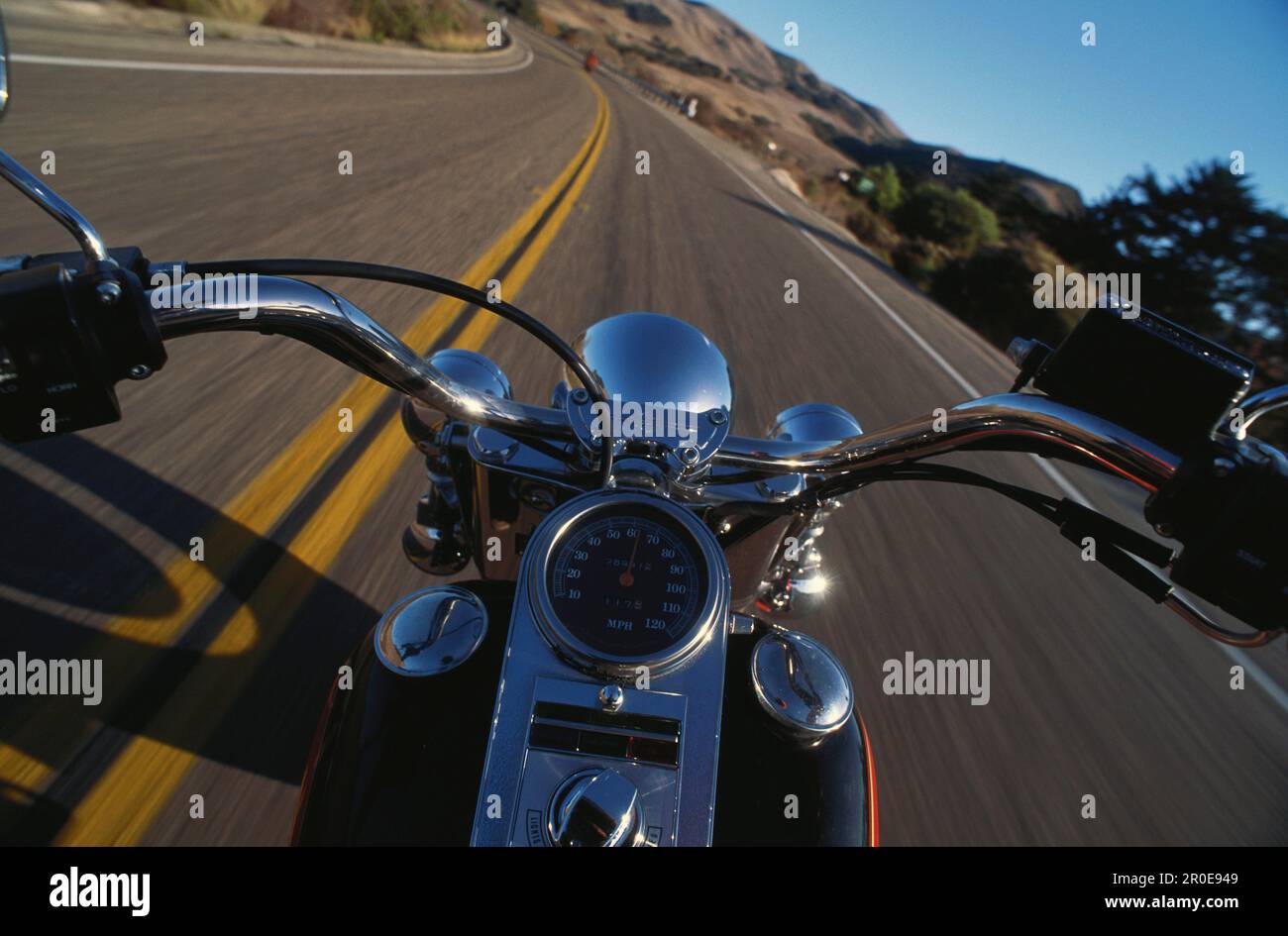View over the handlebar of a Harley Davidson at the highway, USA, North ...