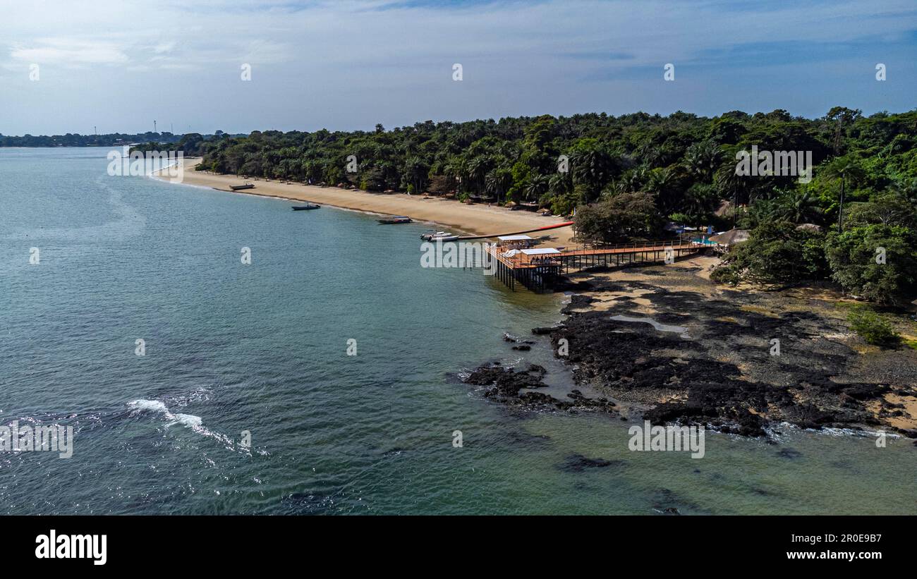Aerial of a sandy beach on Rubane island, Bijagos archipelago, Guinea ...