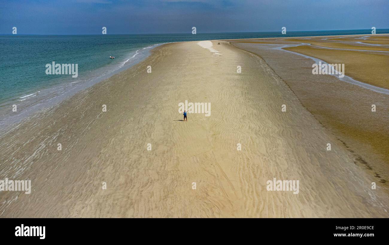 Aerial of a long sand strip, Joao Viera island, Marinho Joao Vieira e ...