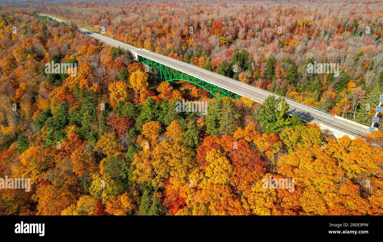 An aerial view of the Cut River Bridge in Michigan, surrounded by ...