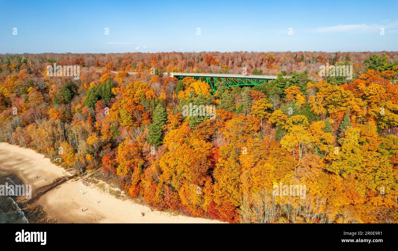 An aerial view of the Cut River Bridge in Michigan, surrounded by ...