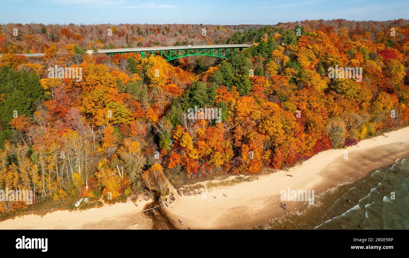 An aerial view of the Cut River Bridge in Michigan, surrounded by ...
