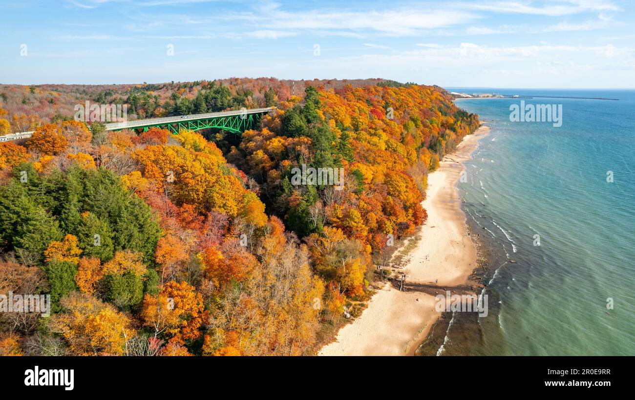 An aerial view of the Cut River Bridge in Michigan, surrounded by ...