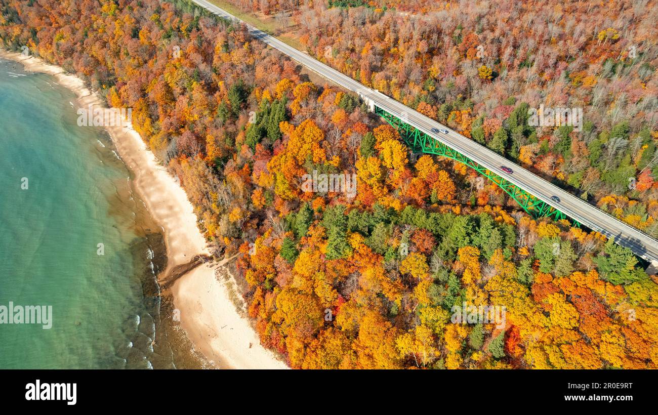An aerial view of the Cut River Bridge in Michigan, surrounded by ...
