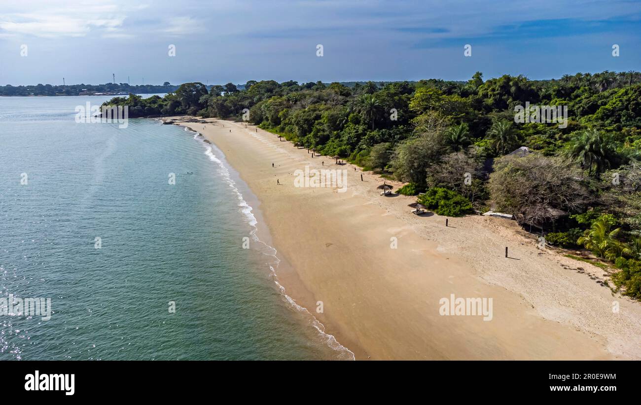 Aerial of a sandy beach on Rubane island, Bijagos archipelago, Guinea ...