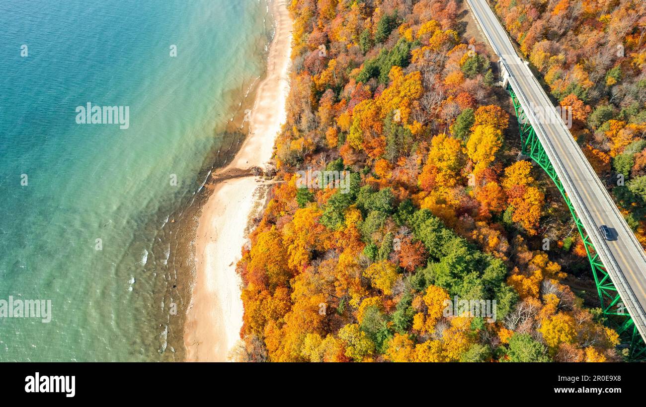 An aerial view of the Cut River Bridge in Michigan, surrounded by ...