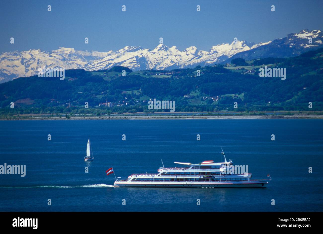 Swiss Alps behind Austrian ferry, Lake of Constance, Bavaria Stock ...