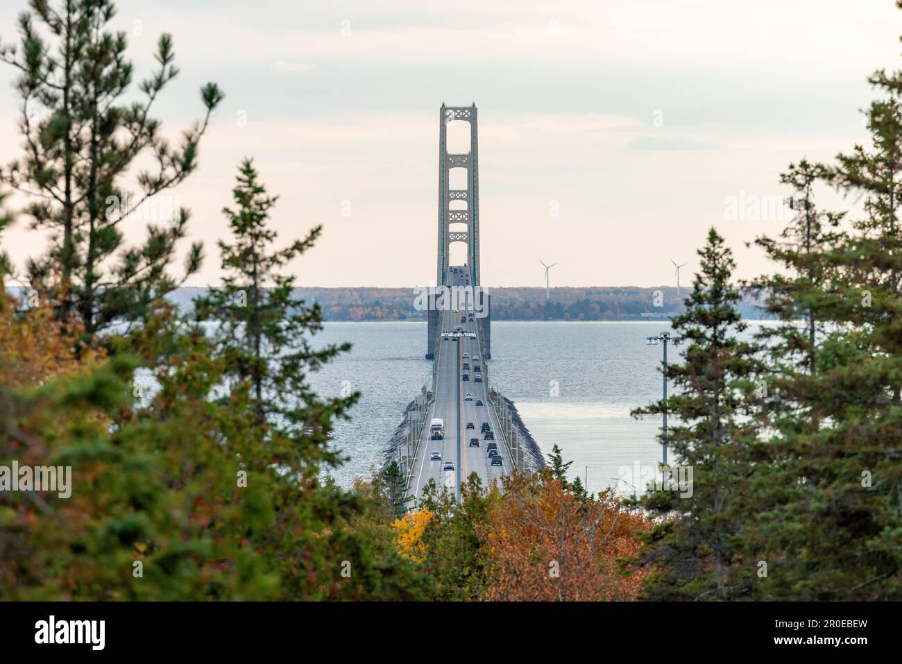 An aerial view of the Mackinac Bridge in Michigan, surrounded by ...