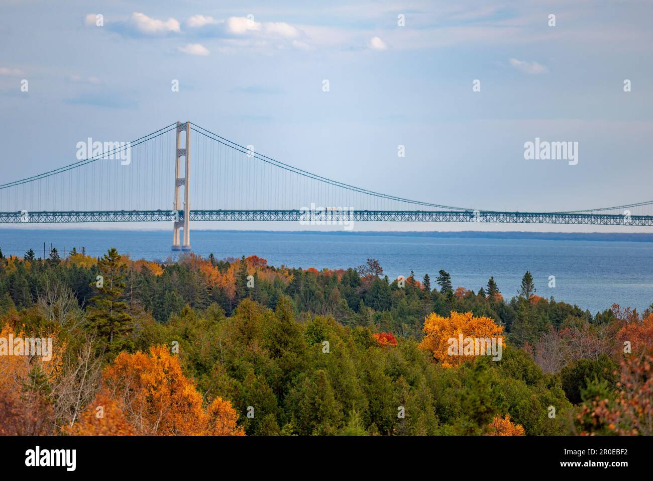 An aerial view of the Mackinac Bridge in Michigan, surrounded by ...