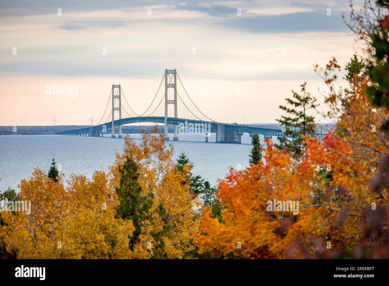 An aerial view of the Mackinac Bridge in Michigan, surrounded by ...