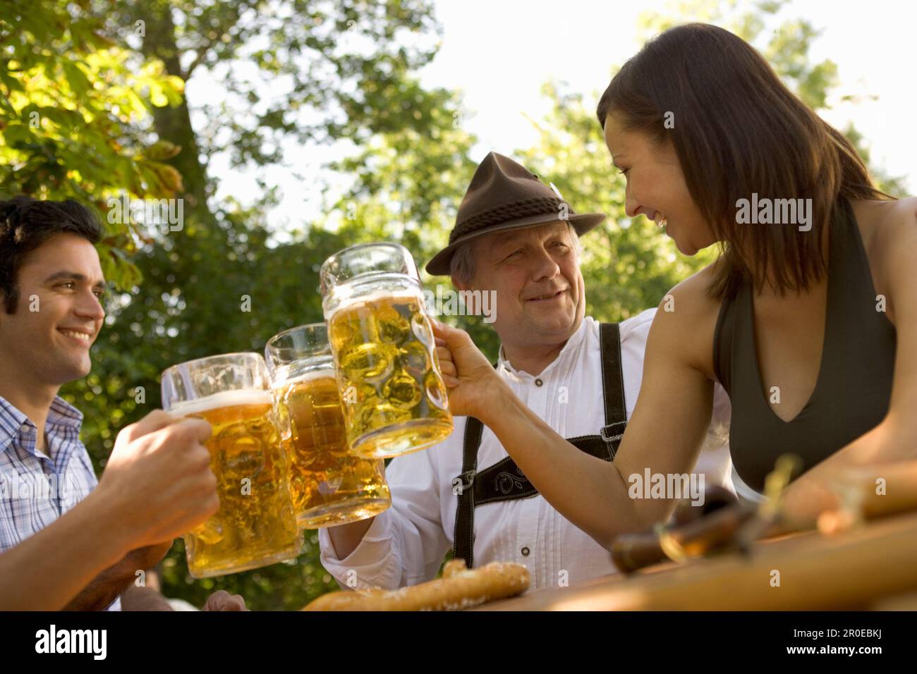 Three people toasting each other with beer steins, Munich, Bavaria ...