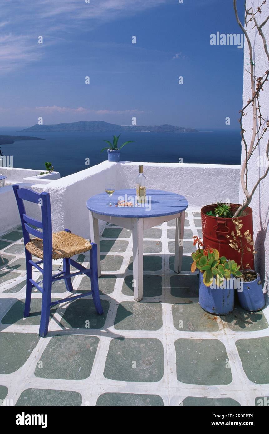 Terrace of Hotel Fira in the sunlight, Santorin, Greece, Europe Stock ...