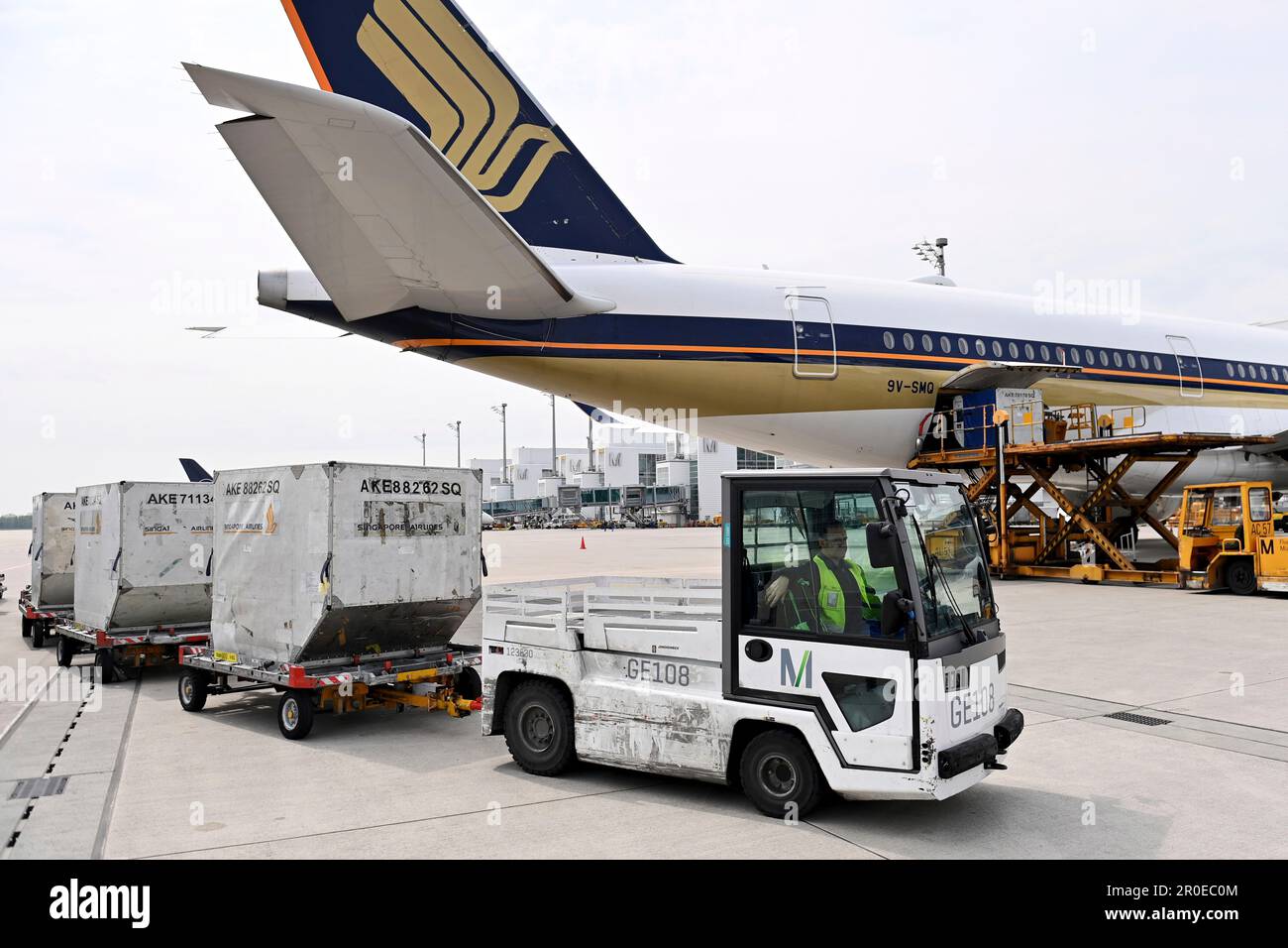 Impressions from Franz Josef Strauss Airport in Munich on May 8th, 2023. Handling, loading of a ...