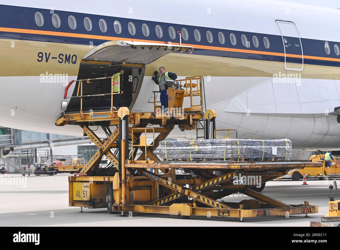 Impressions from Franz Josef Strauss Airport in Munich on May 8th, 2023. Handling, loading of a ...