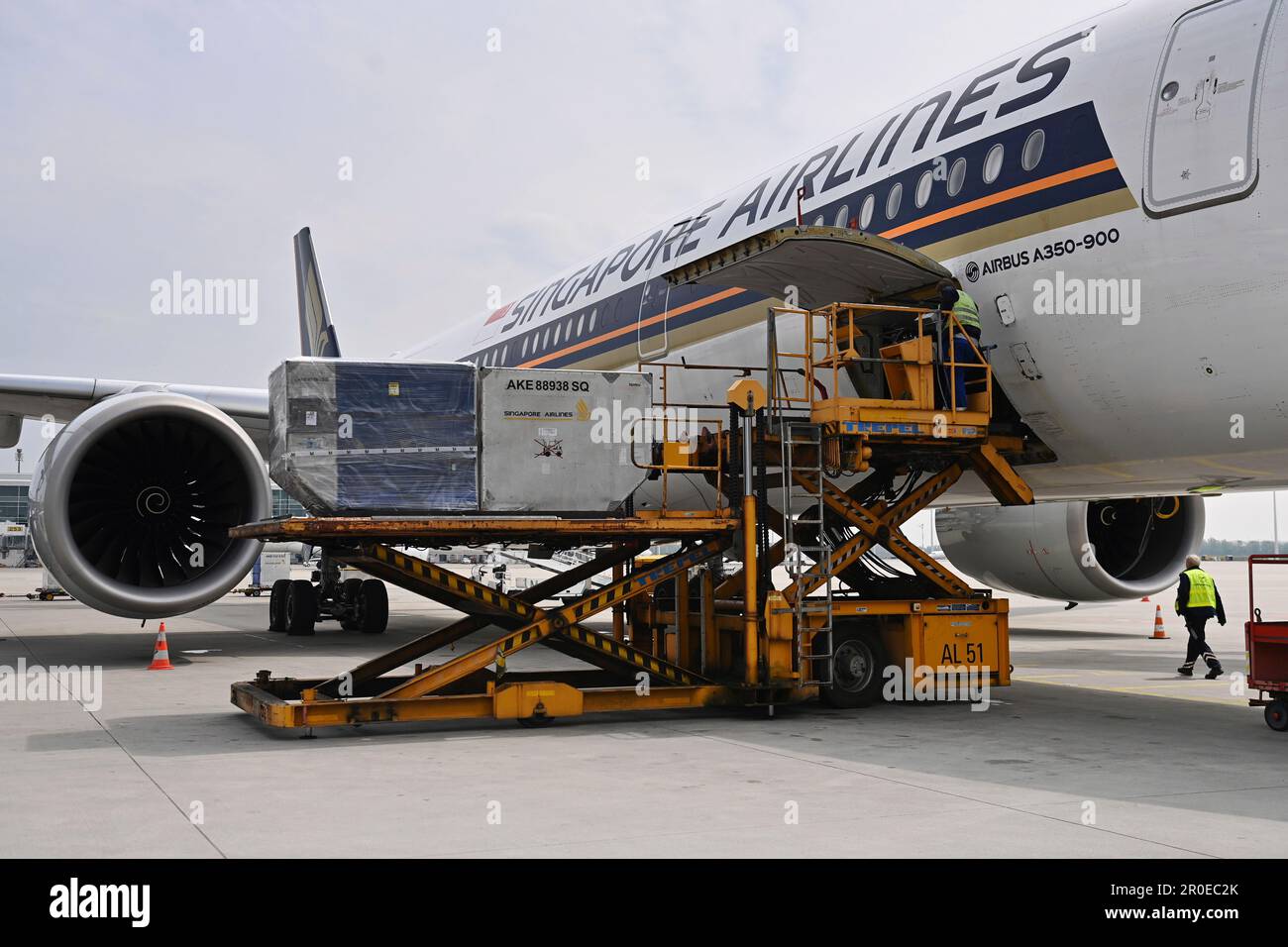 Impressions from Franz Josef Strauss Airport in Munich on May 8th, 2023. Handling, loading of a ...