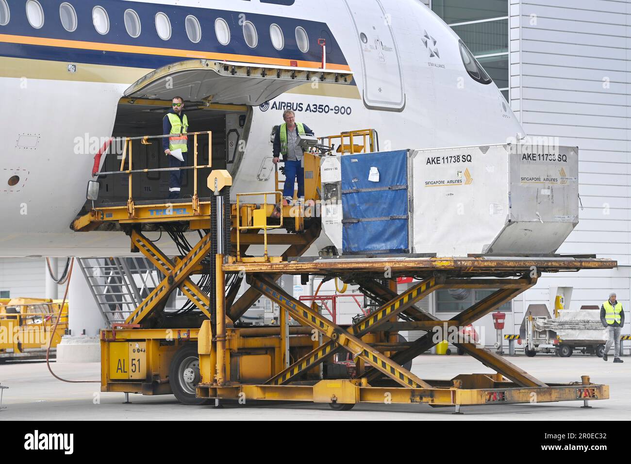 Impressions from Franz Josef Strauss Airport in Munich on May 8th, 2023. Handling, loading of a ...