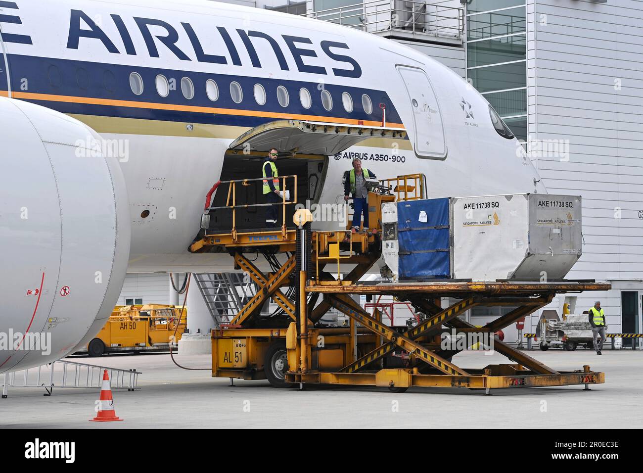 Impressions from Franz Josef Strauss Airport in Munich on May 8th, 2023. Handling, loading of a ...