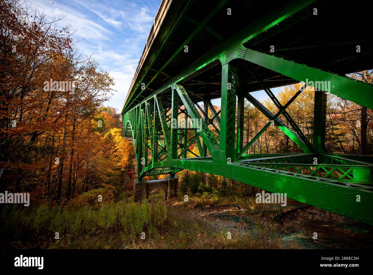 A close-up of the Cut River Bridge in Michigan, surrounded by vibrant ...