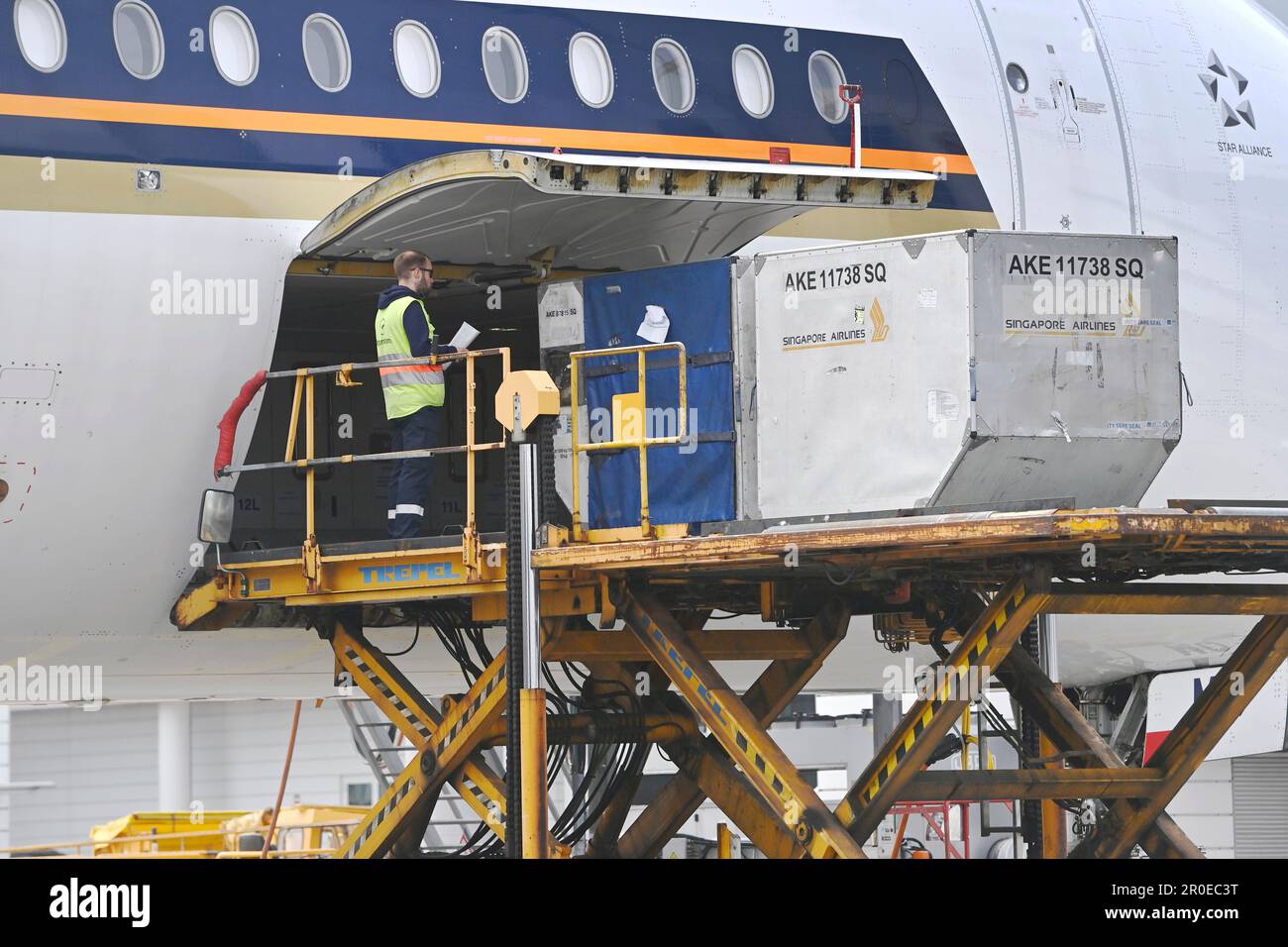 Impressions from Franz Josef Strauss Airport in Munich on May 8th, 2023. Handling, loading of a ...