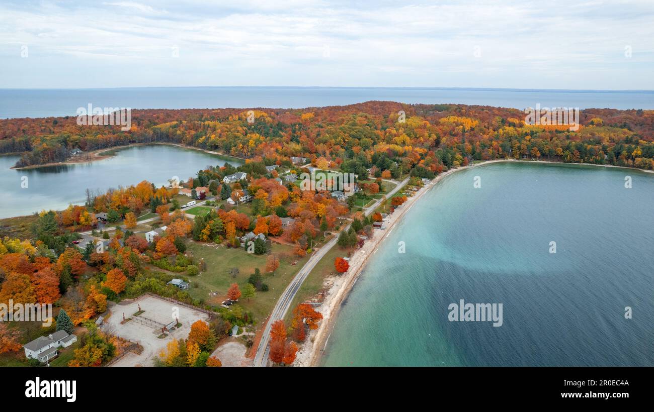 An aerial view of an autumnal scene of trees on the banks of a Cut ...