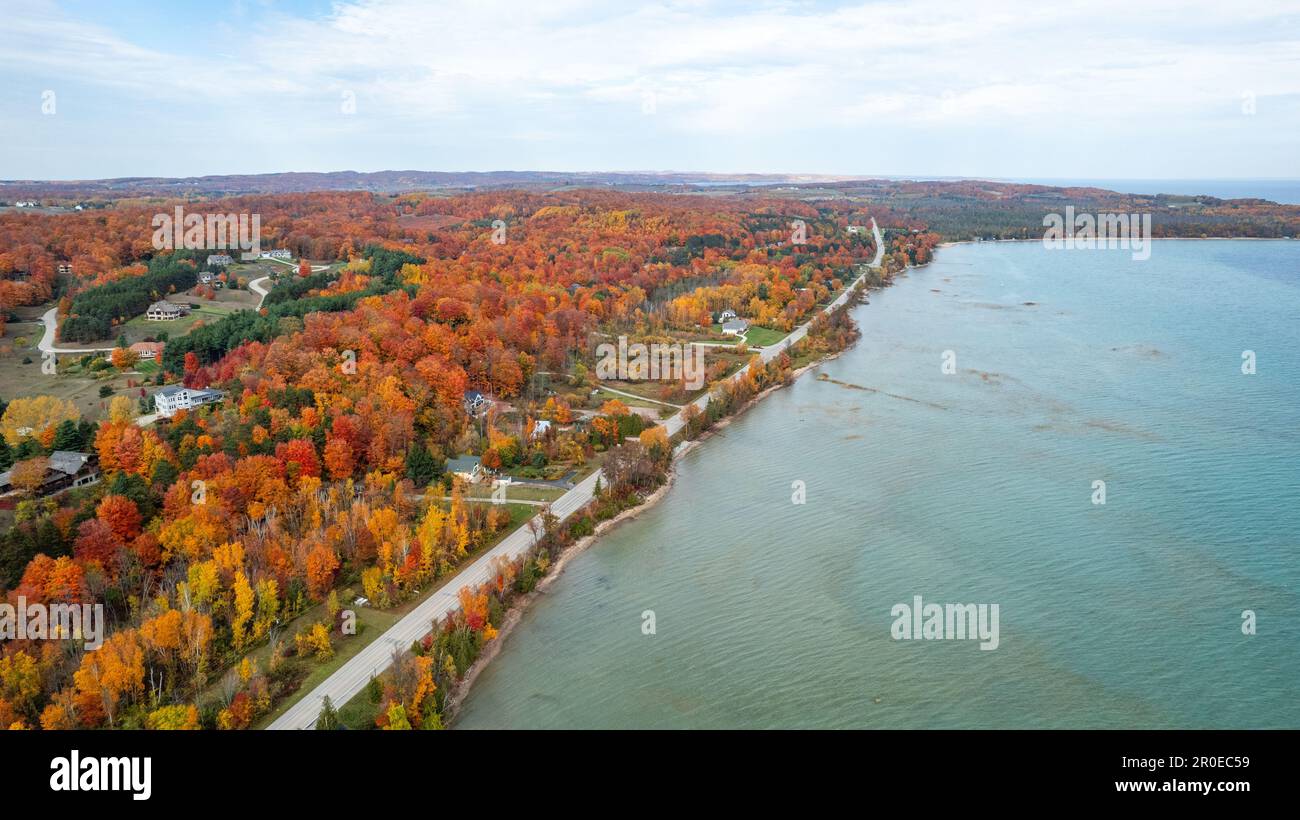 An aerial view of an autumnal scene of trees on the banks of a Cut ...
