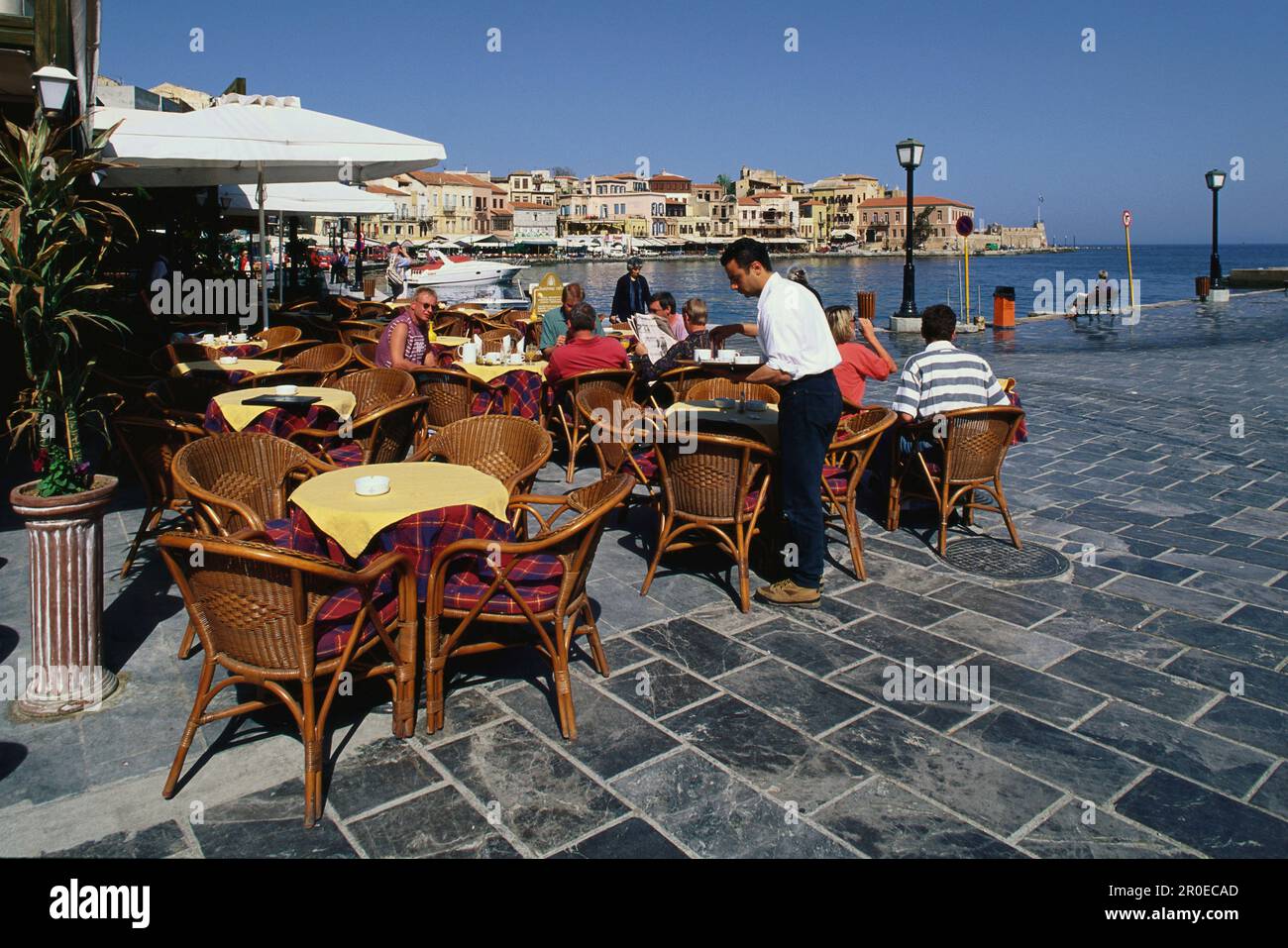 People at a cafe at the harbour of Chania, Crete, Greece, Europe Stock ...